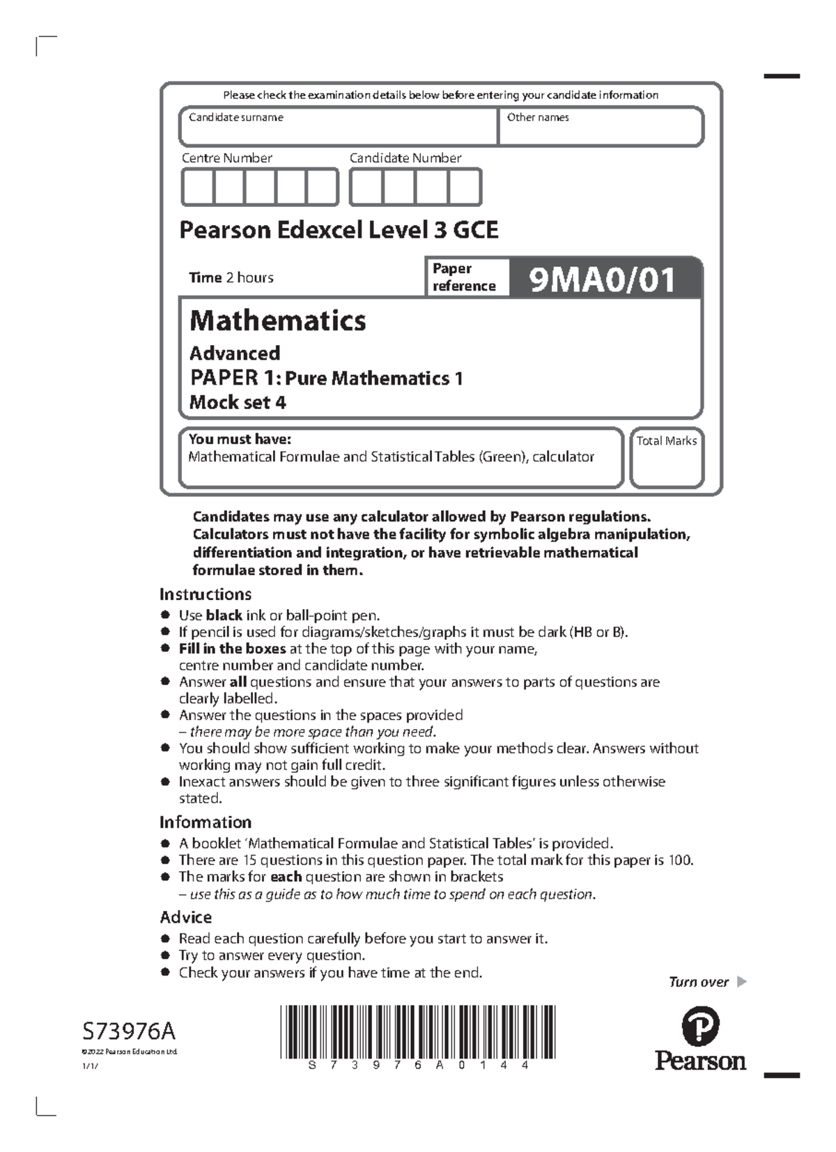 0s4 9MA0 01 Pure 1 Mock set 4 pdf - Centre Number Candidate Number ...
