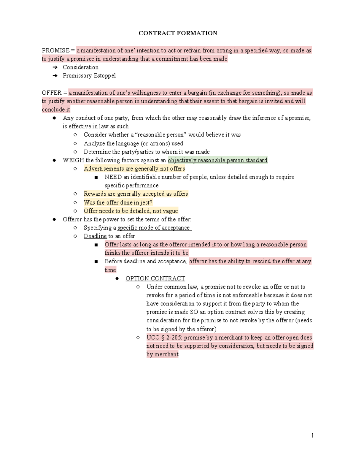 Contracts Attack Outline - CONTRACT FORMATION PROMISE = a manifestation of one’ intention to act ...
