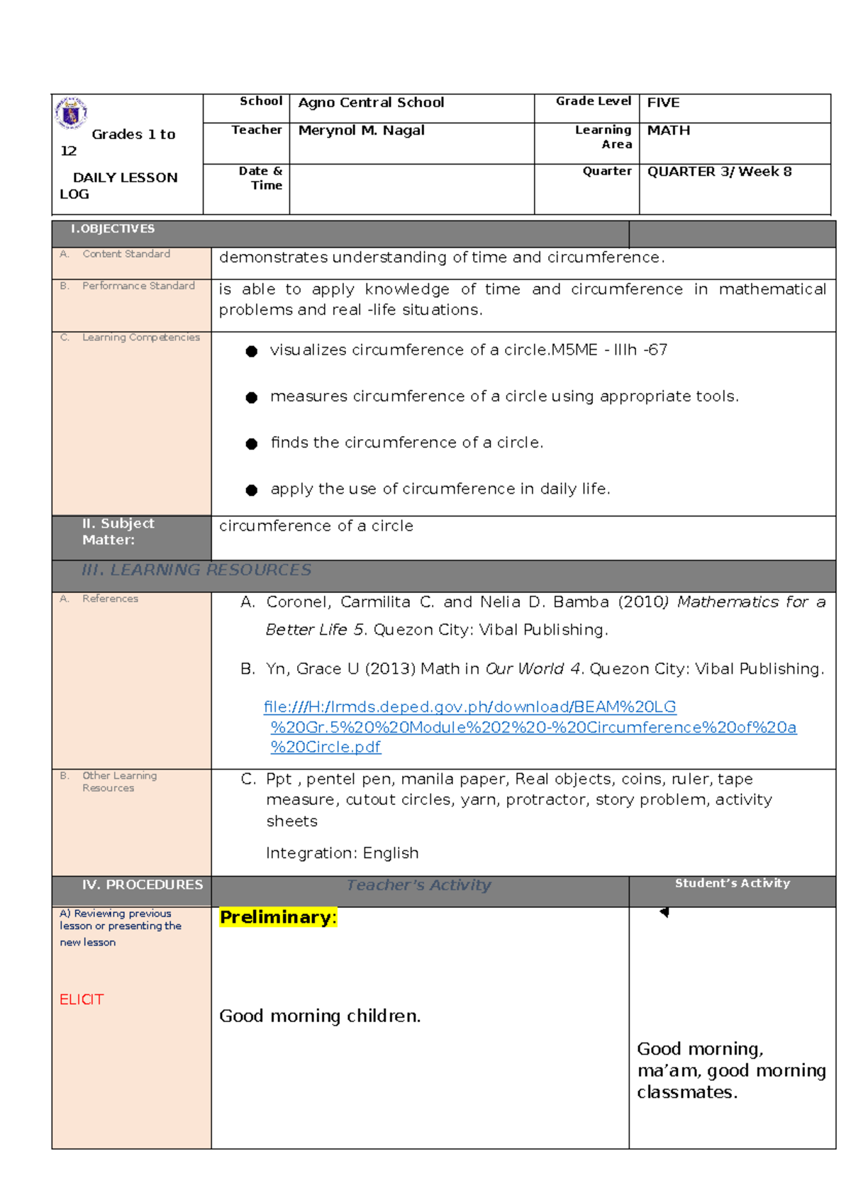MATH 5 - Circumference OF Circle - Grades 1 to 12 DAILY LESSON LOG ...