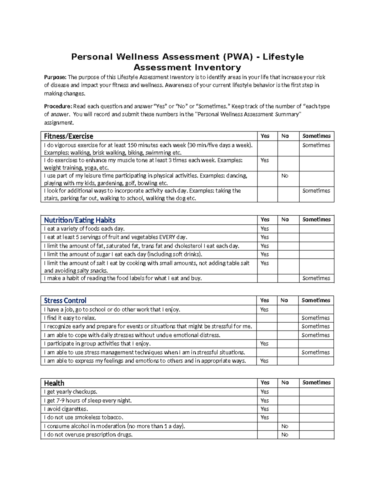 Personal Wellness Assessment - Lifestyle Assessment Inventory ...