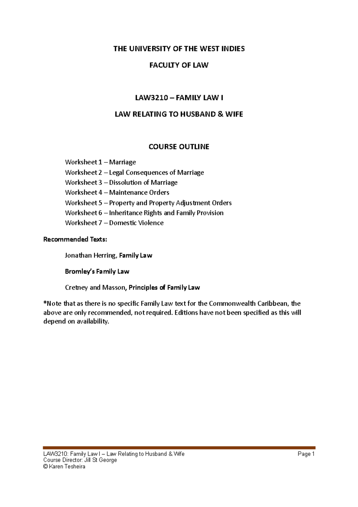 Worksheet 1 - THE UNIVERSITY OF THE WEST INDIES FACULTY OF LAW LAW3210 ...