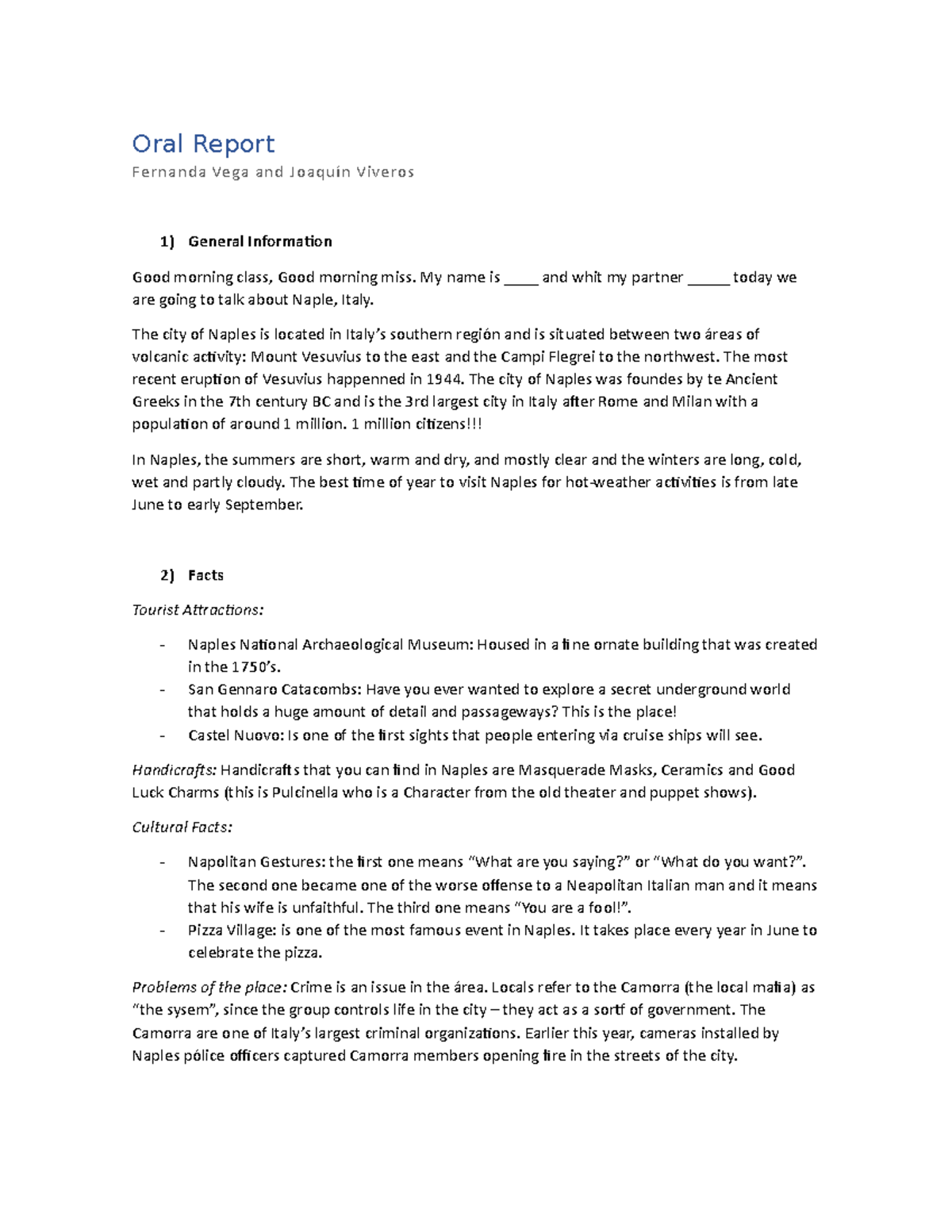 Oral Report - Naples, Italy - Oral Report Fernanda Vega and Joaquín ...