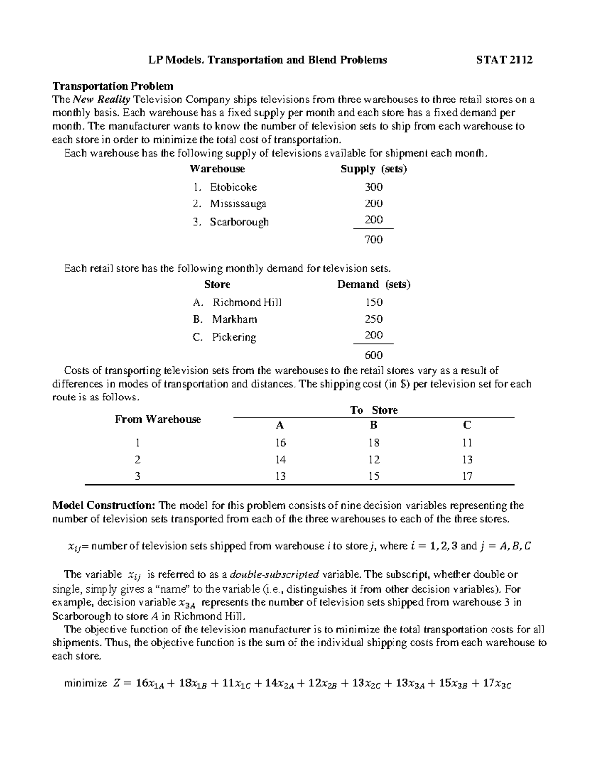 Lecture 6. Transportation and Blend LP Models - LP Models ...