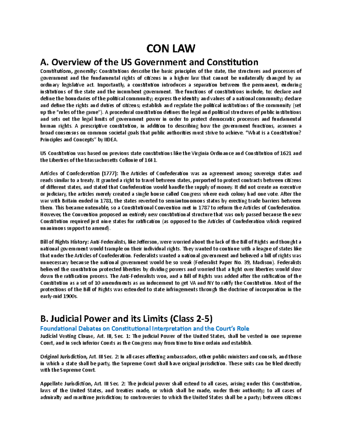 Con Law I - [summary outline] - CON LAW A. Overview of the US ...