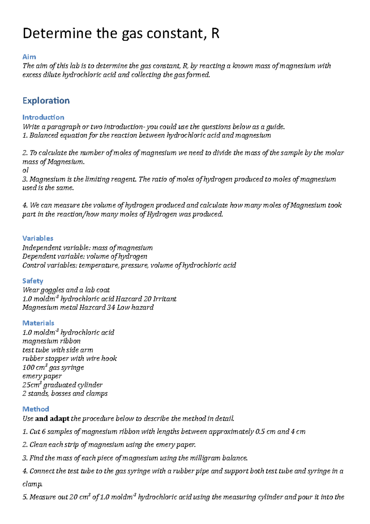 Gas consstant lab summative - Determine the gas constant, R Aim The aim ...