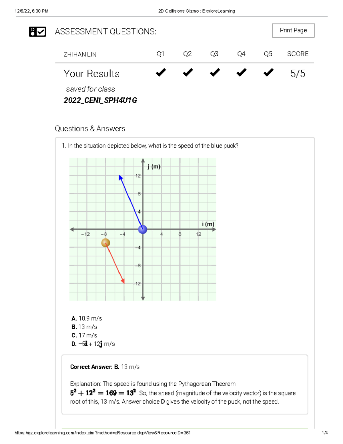 2D Collisions Gizmo Explore Learning - ASSESSMENT QUESTIONS: Print Page ...