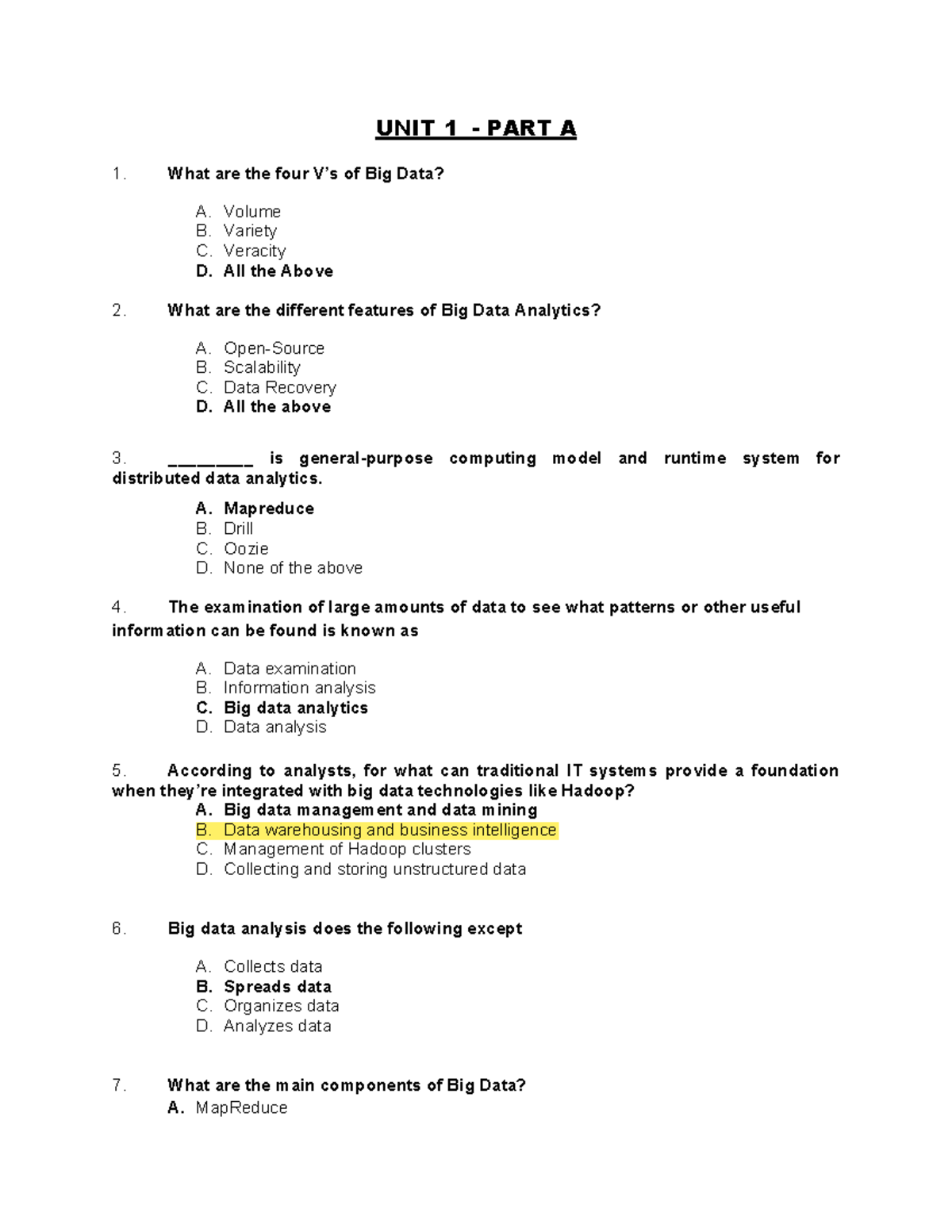 Big_Data_Quiz And Answer - UNIT 1 - PART A What are the four V’s of Big ...