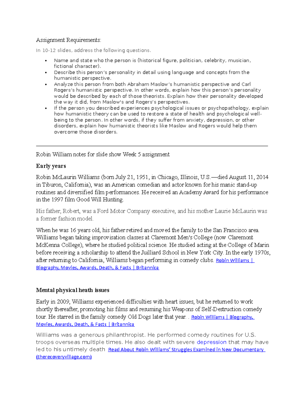 Robin William notes Humanistic personlity analysis - PSY-102 - GCU ...