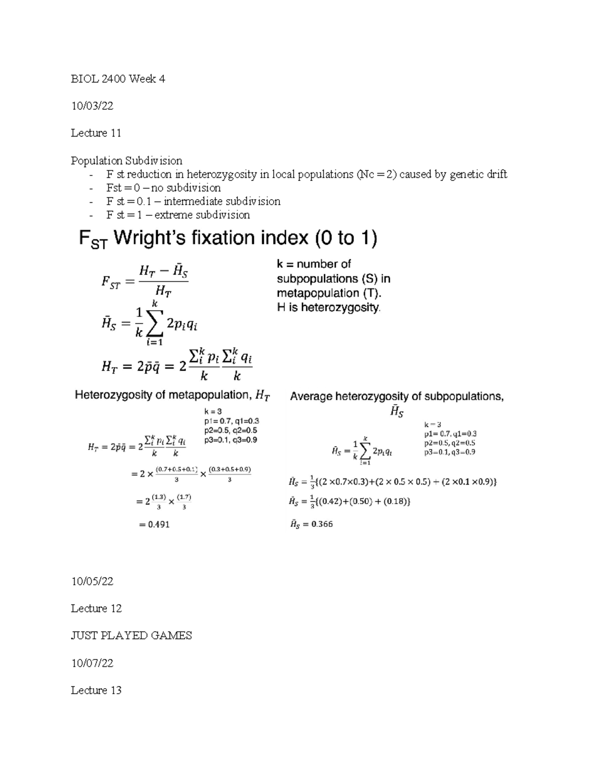 BIOL 2400 Week 4 - week 4 notes - BIOL 2400 Week 4 10/03/ Lecture 11 ...