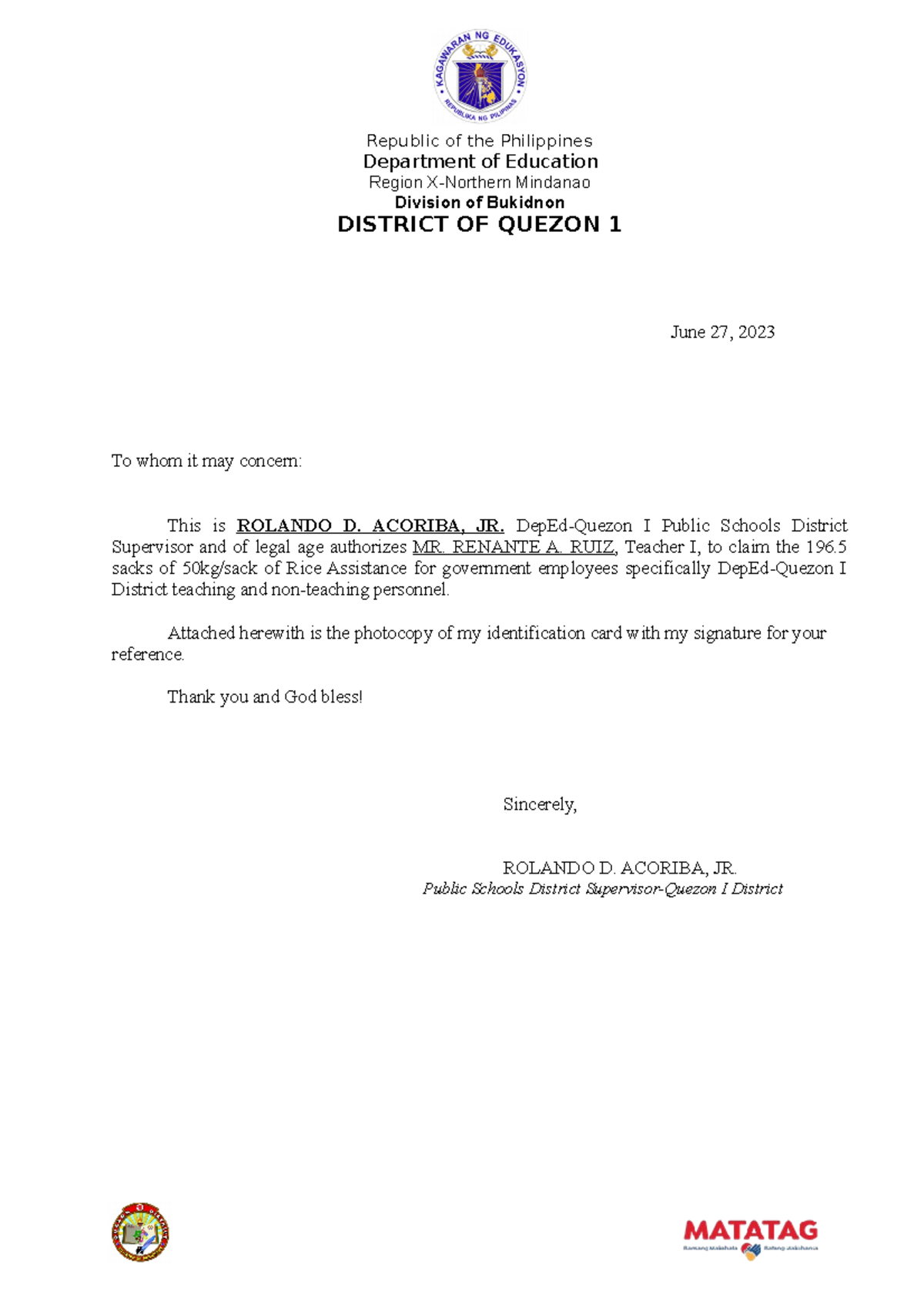 Authorization - Republic of the Philippines Department of Education ...