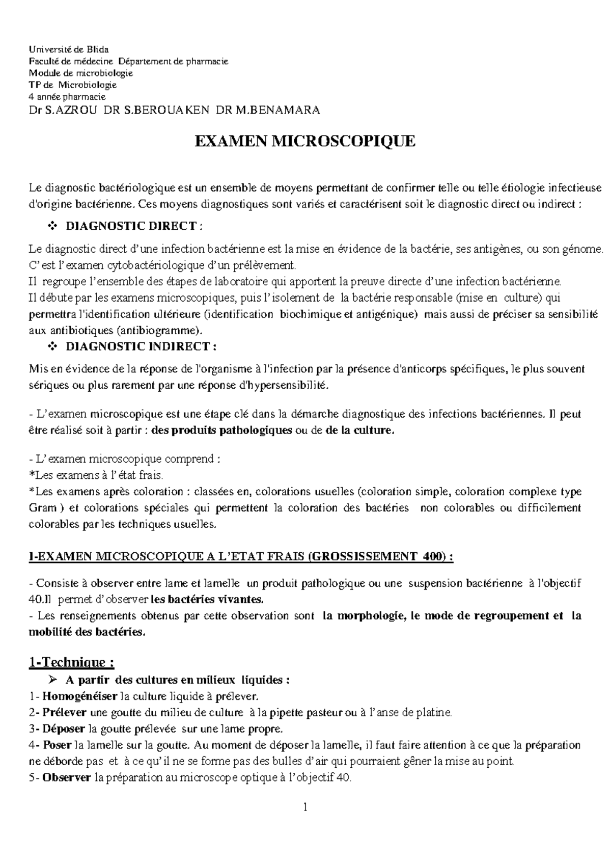 732582162 TD examen microscopique nv - Université de Blida Faculté de ...