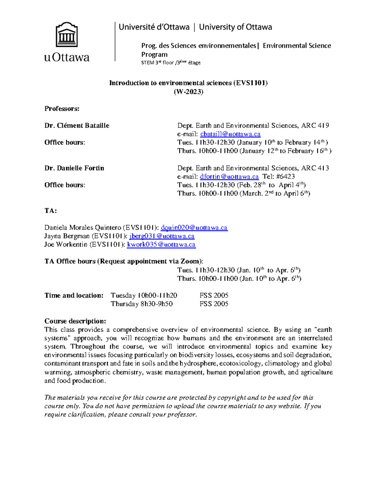 EVS1101 Syllabus - Prog. des Sciences environnementales| Environmental ...
