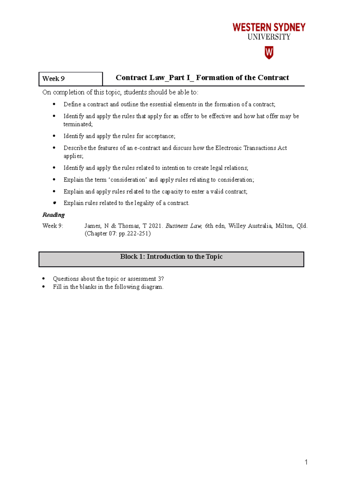 LAWS1001 Week 9 Tutorial Guide - Week 9 Contract Law_Part I_ Formation ...