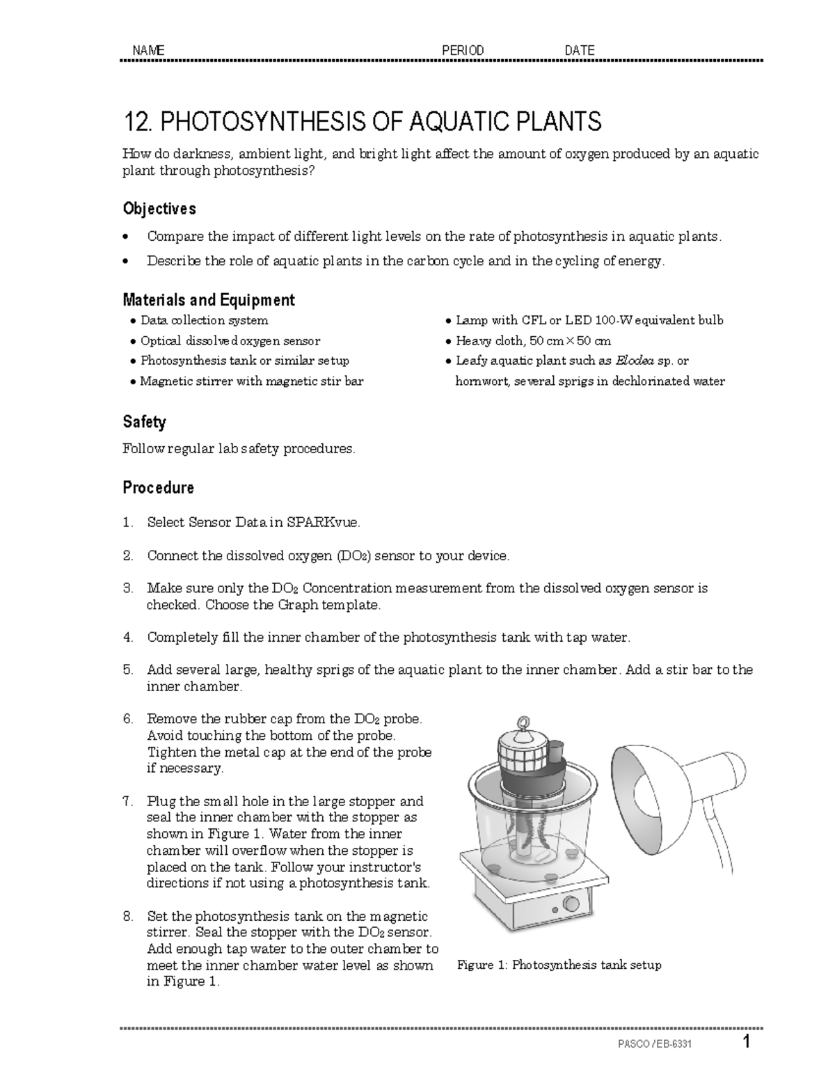 EB12 Photosynthesis of Aquatic Plants S - NAME PERIOD DATE PASCO / EB ...