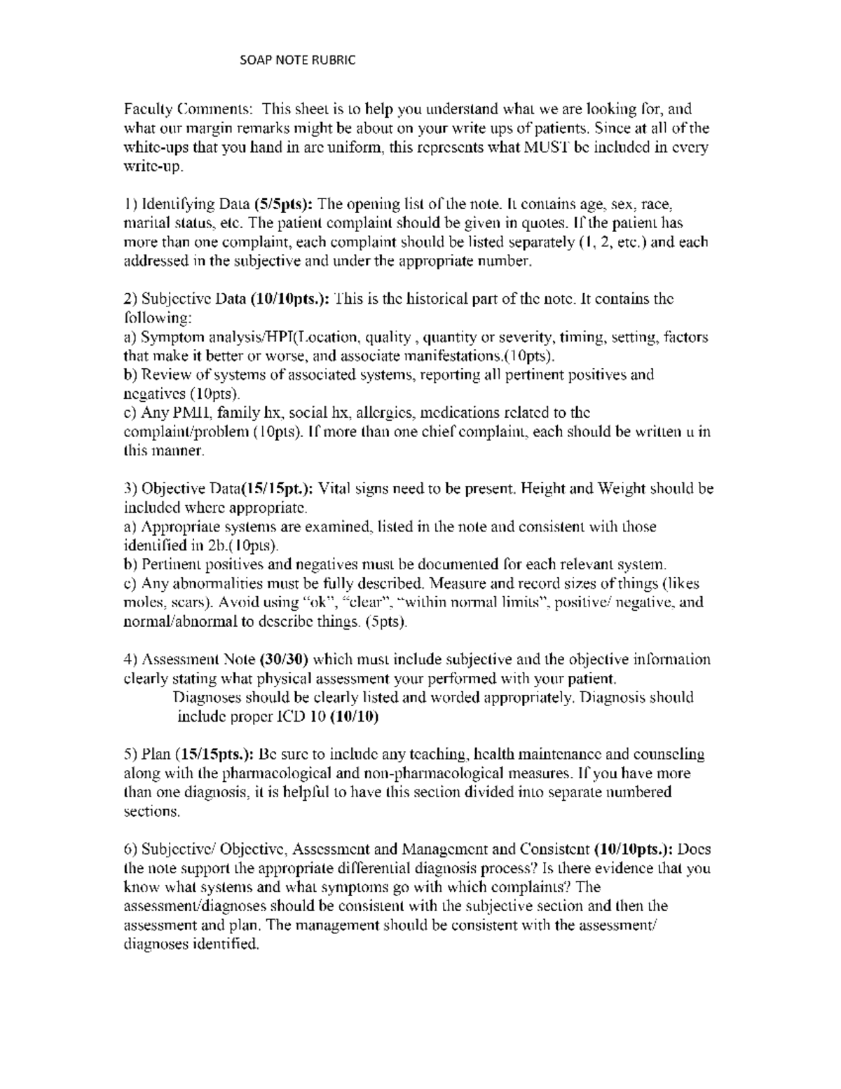 Soap Note Rubric - SOAP NOTE RUBRIC Faculty Comments: This sheet is to ...