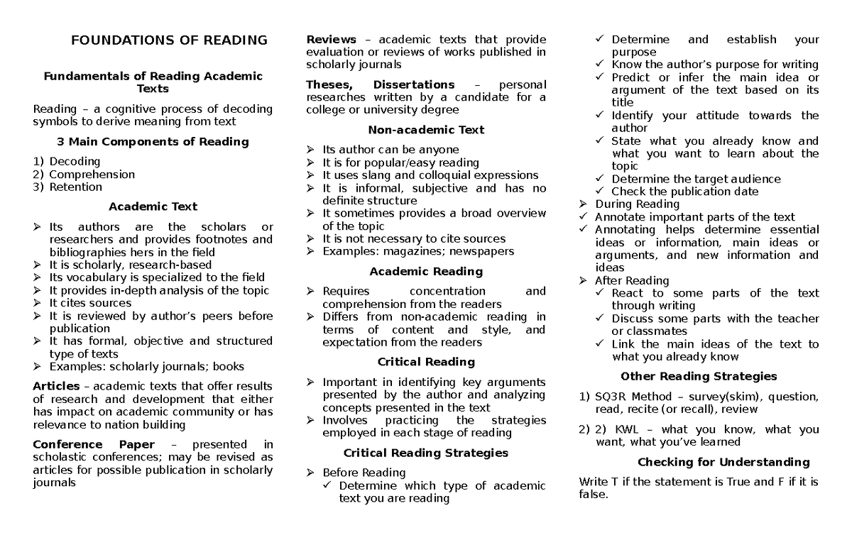 English for Academic Purposes - FOUNDATIONS OF READING Fundamentals of ...