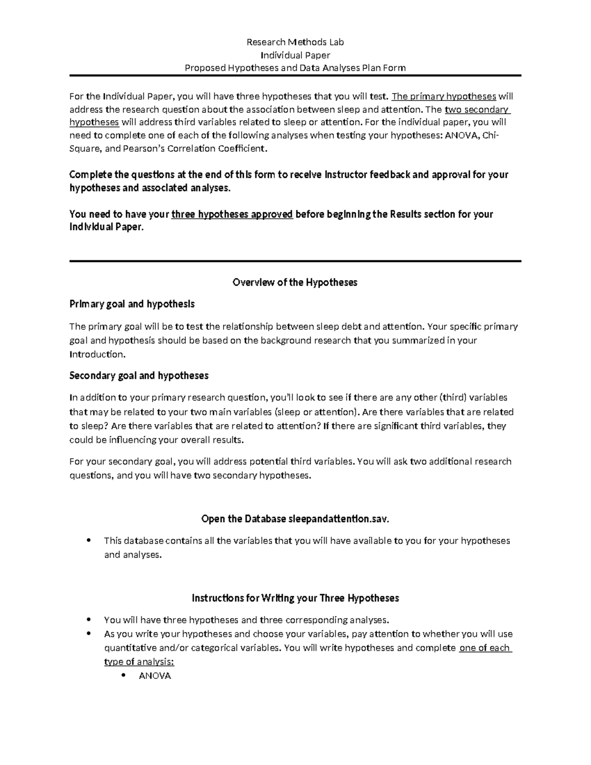 Proposed Hypotheses and Data Analysis Plan Form - Research Methods Lab ...