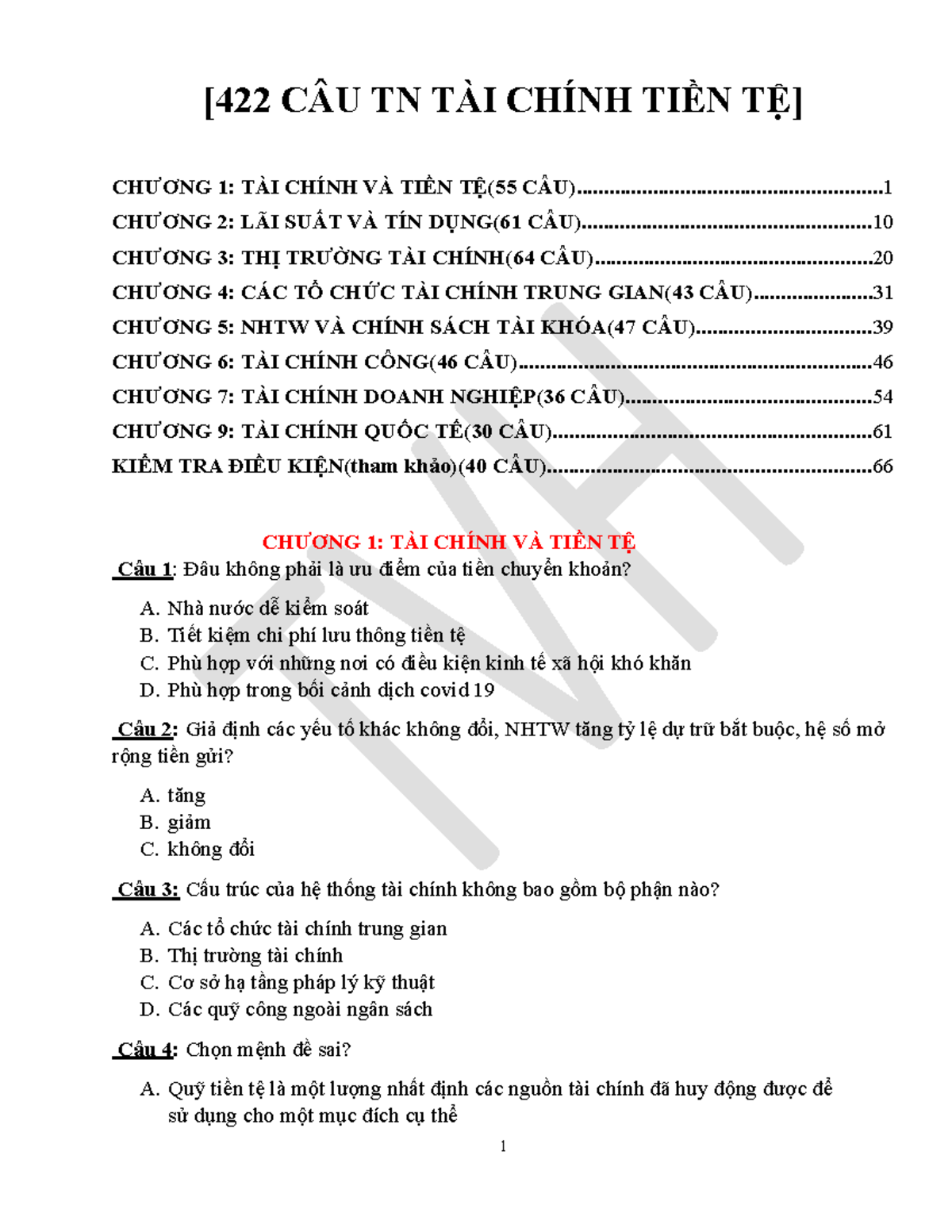 422-CÂU-TN-TCTT - Trắc nghiệm TCTT - 1 [422 CÂU TN TÀI CHÍNH TIỀN TỆ] CHƯƠNG 1: TÀI CHÍNH VÀ ...