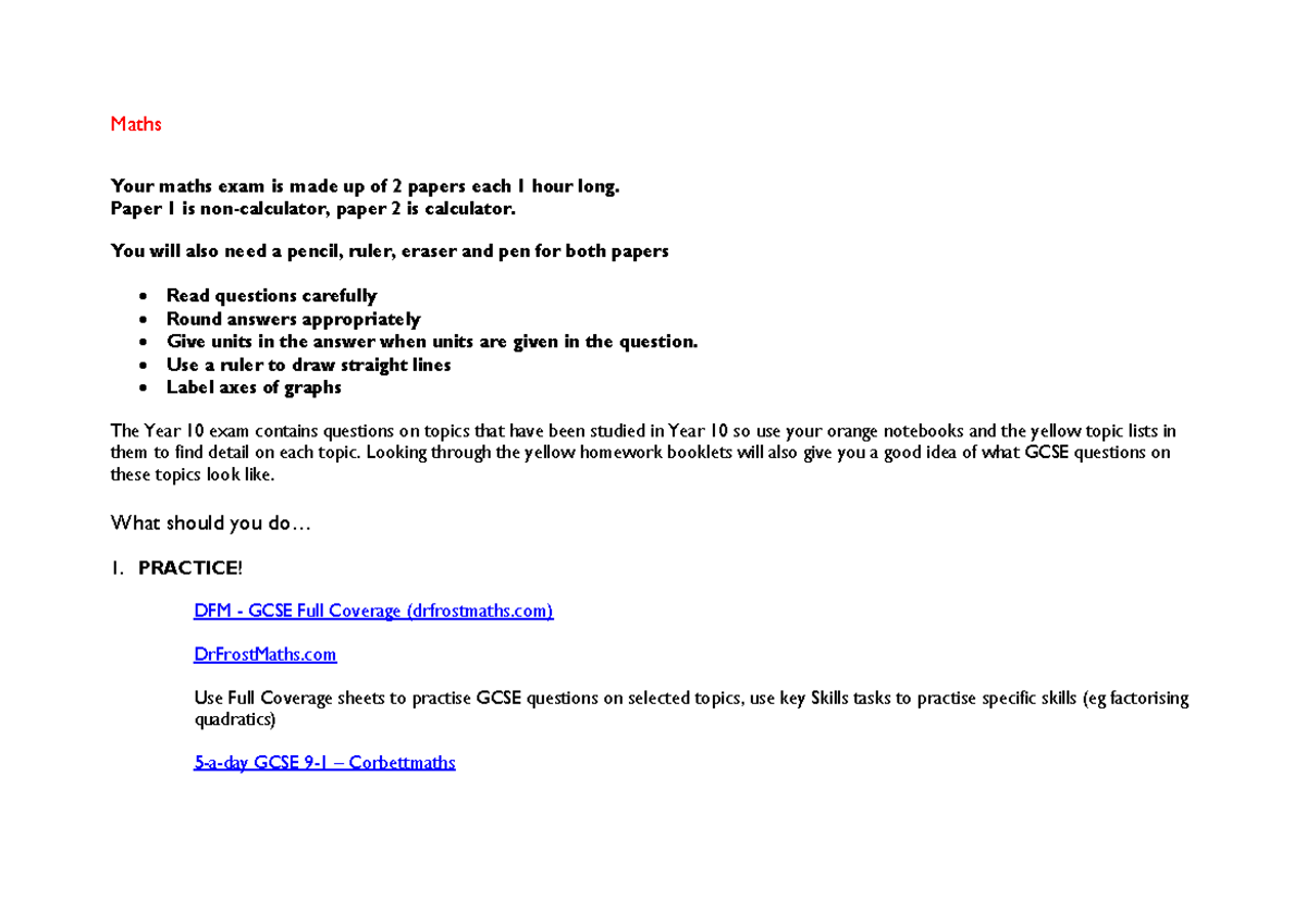 Maths - revision tips, linked websites, topic checklist, plus required ...