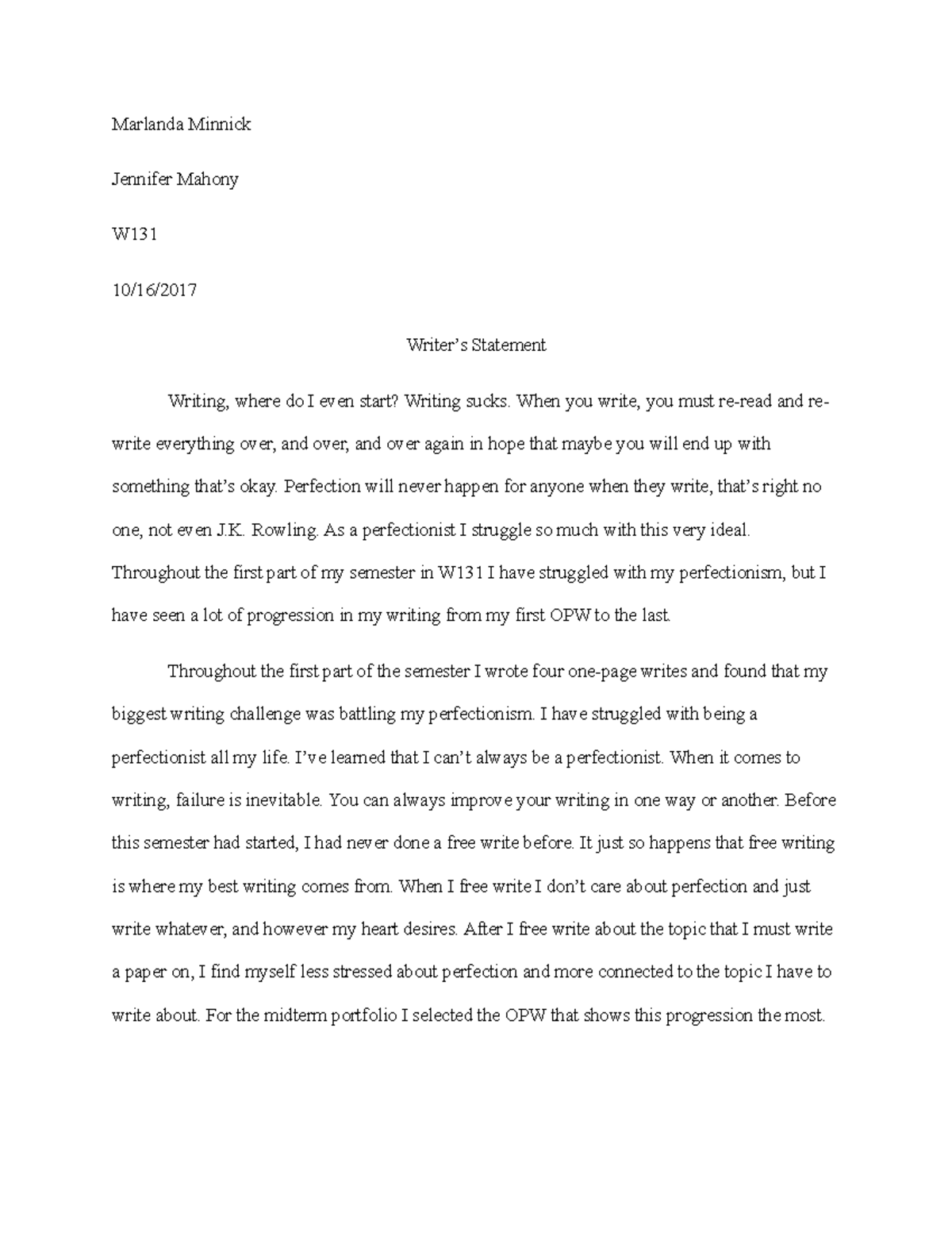 Writers Statement - Marlanda Minnick Jennifer Mahony W 10/16/ Writer’s ...