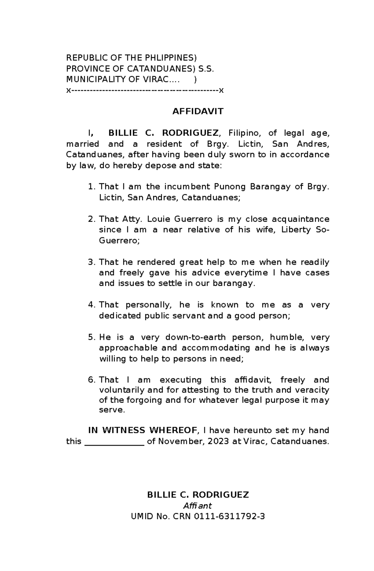 Affidavit - REPUBLIC OF THE PHLIPPINES) PROVINCE OF CATANDUANES) S ...