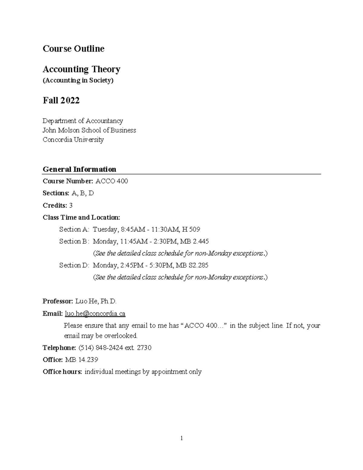 Acco 400 course outline - Course Outline Accounting Theory (Accounting ...