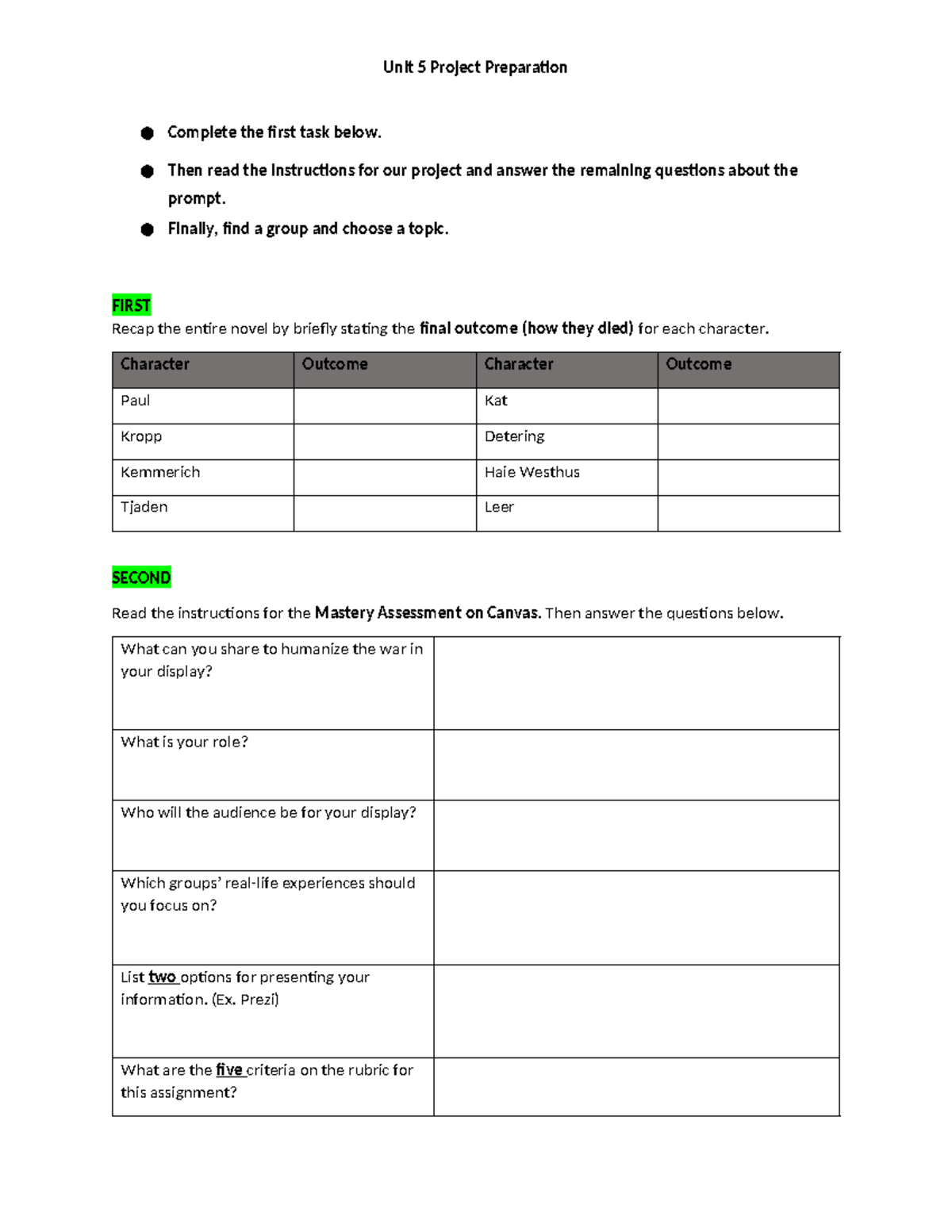 Unit 5 Project Prep - nope... - Unit 5 Project Preparation Complete the ...
