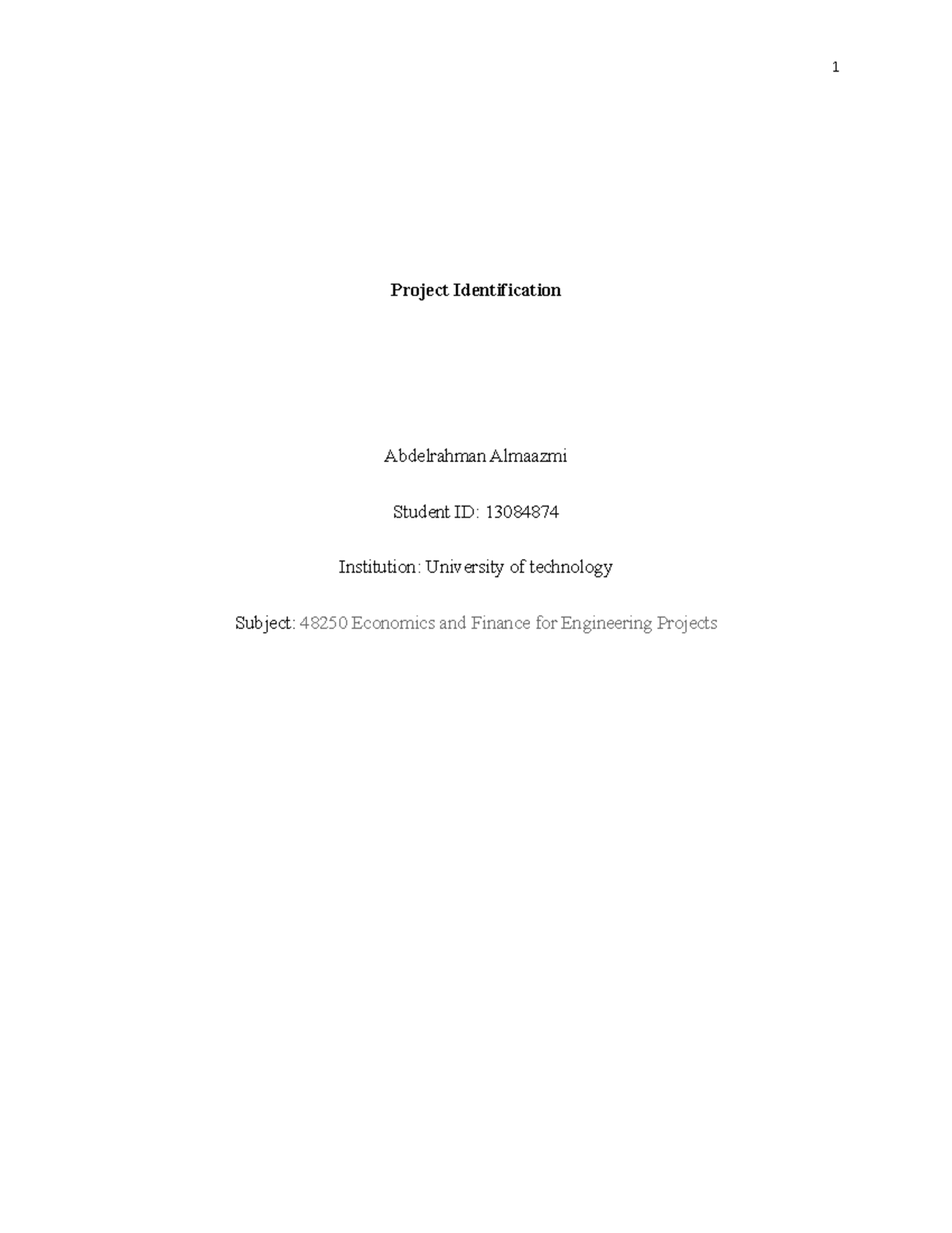 Project identification Economic & Finance - 048250 - Studocu