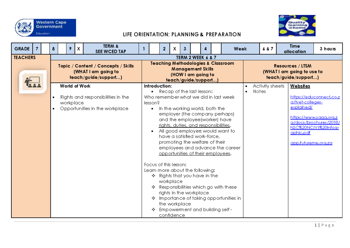 Lesson Plan Gr. 9 Life Orientation T2 W6 - LIFE ORIENTATION: PLANNING ...