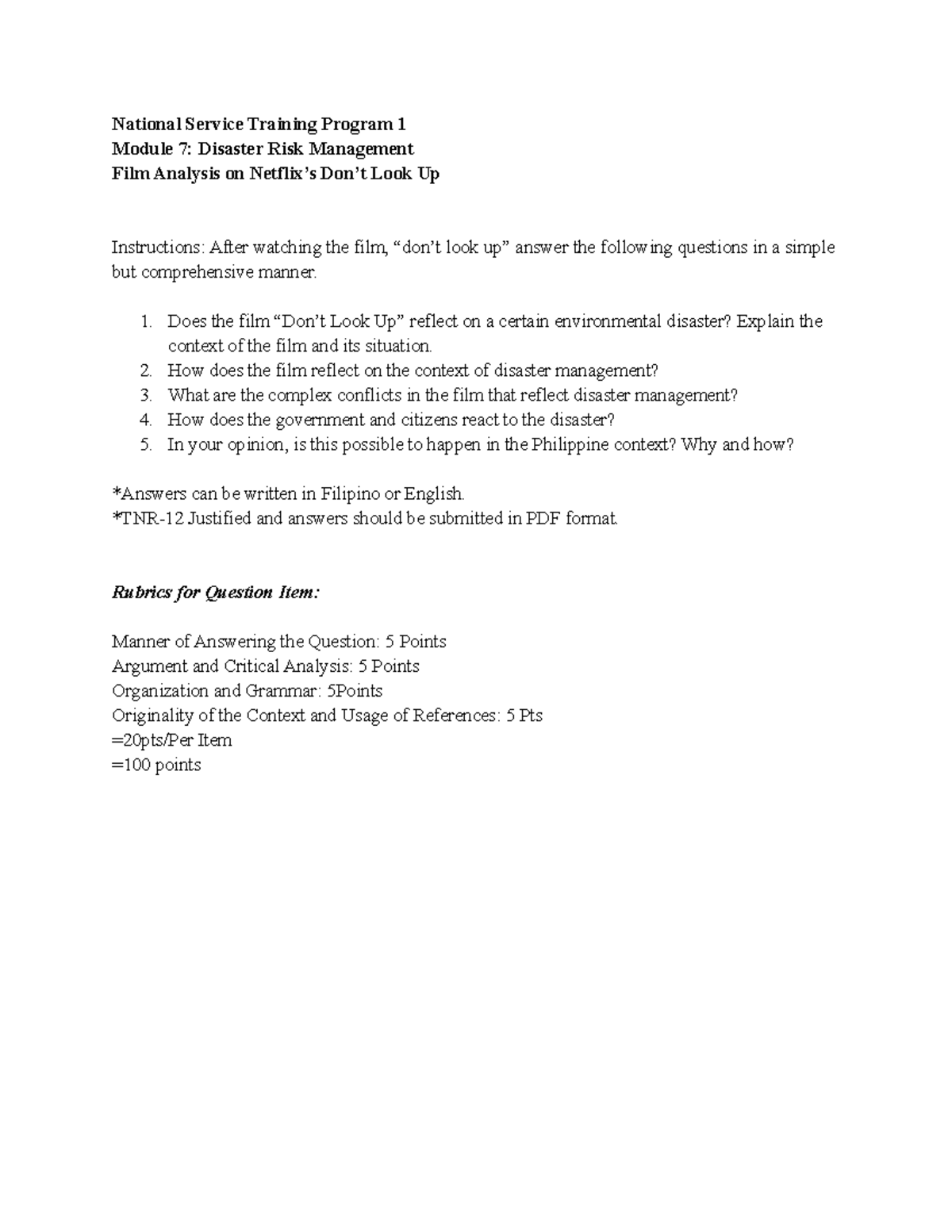 NSTP 1 Film Analysis #2 - NTSP NOTES - National Service Training ...