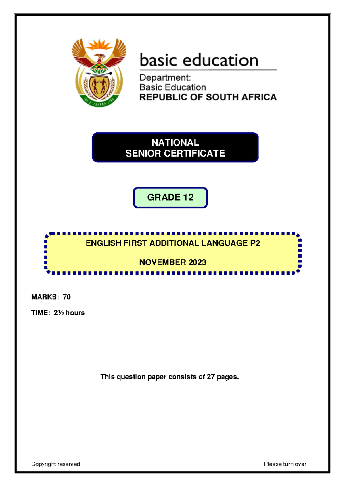 English FAL P2 Nov 2023 - Help - MARKS: 70 TIME: 2½ hours This question ...