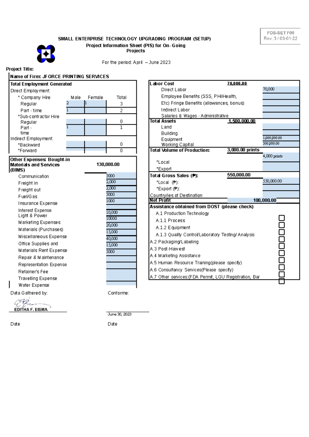 Revised-PIS second quarter 2023 docx - Project Title: SMALL ENTERPRISE ...