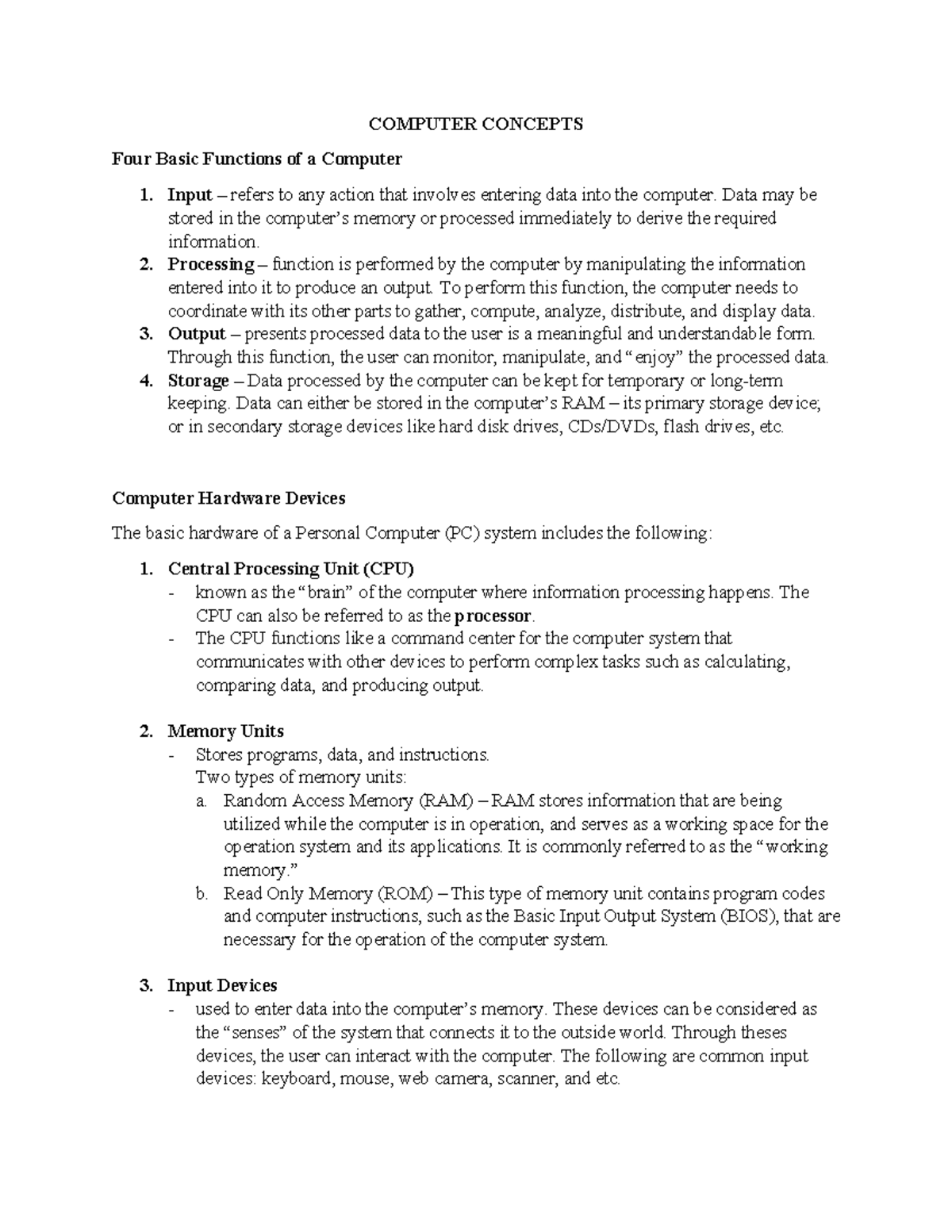 Computer Concepts from its basic functions to computer hardware devices ...