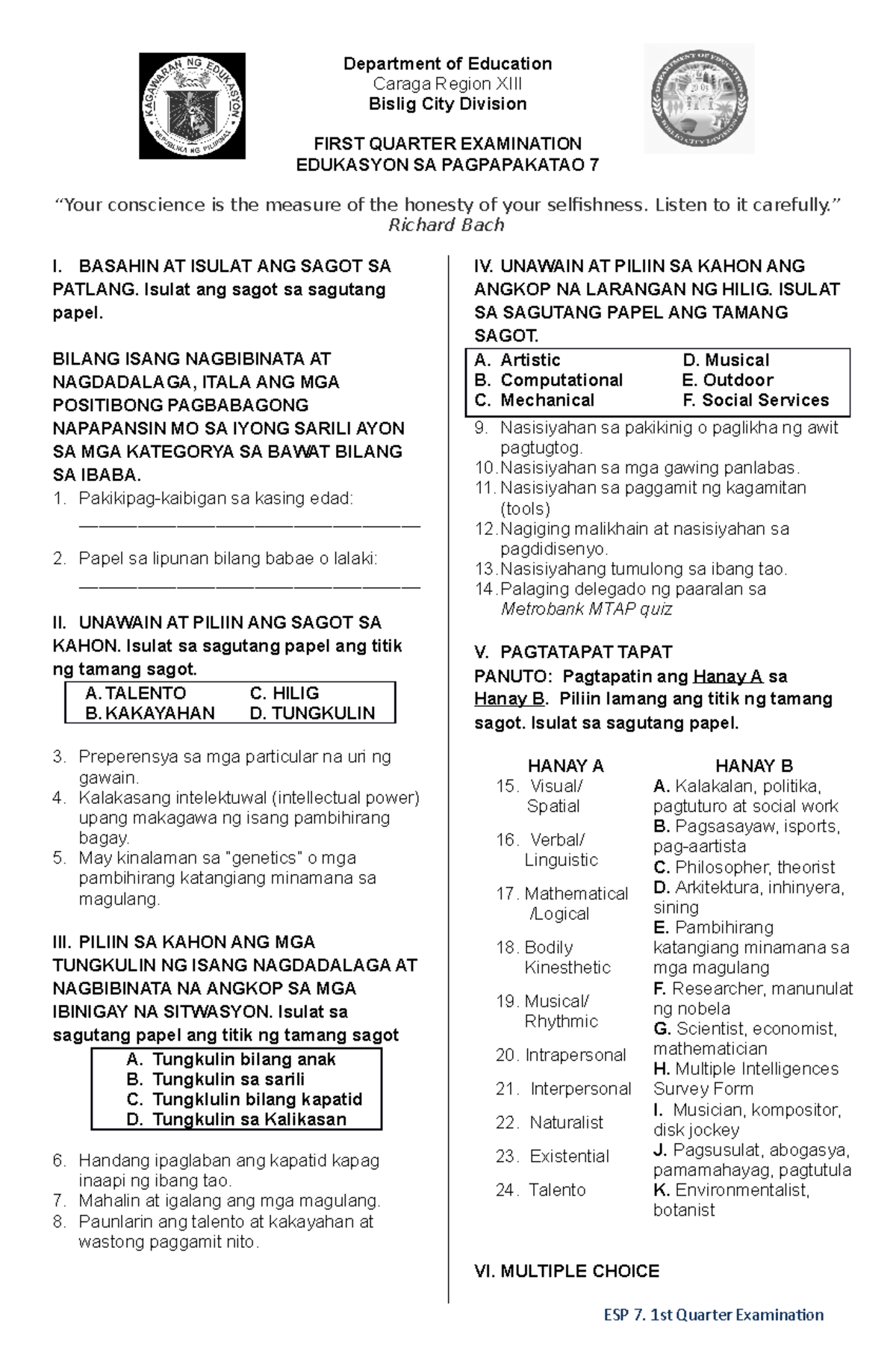 ESP 7. TQ. Q1. Edited - kxcxl - Department of Education Caraga Region ...