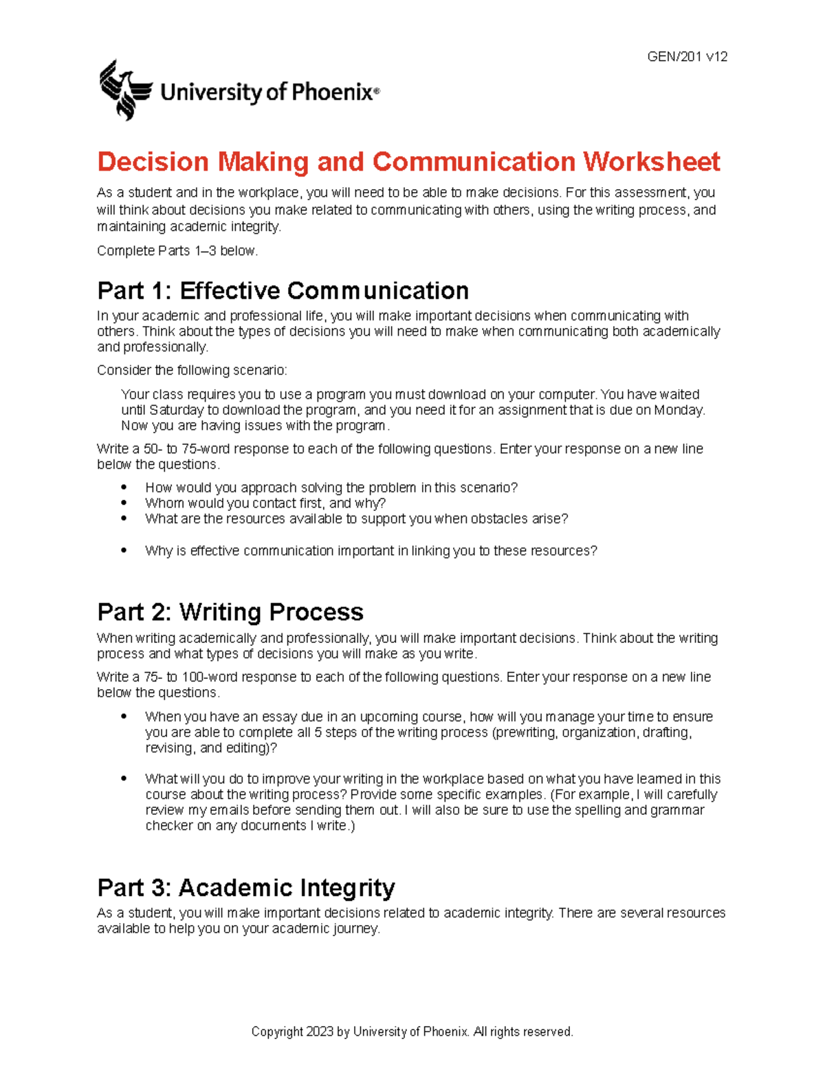 Gen201 v12 wk3 decision making and communication worksheet - GEN/201 v ...