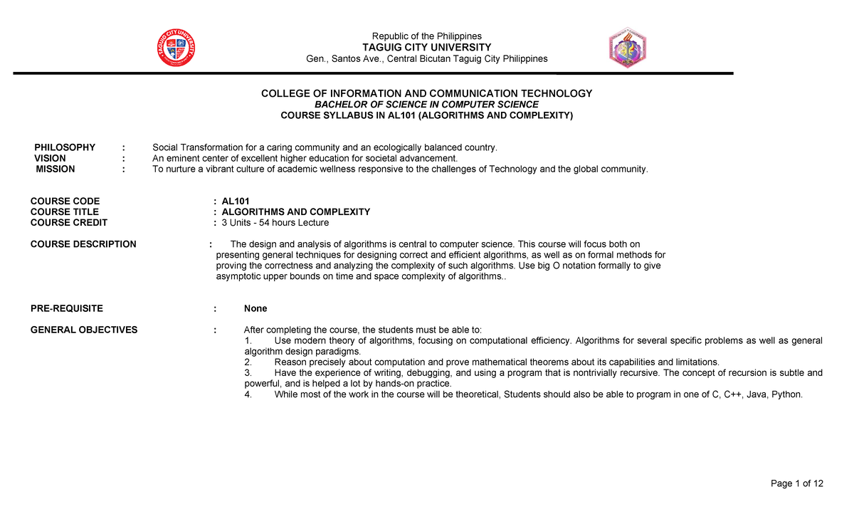 AL101 Algorithm and complexity - Republic of the Philippines TAGUIG CITY UNIVERSITY Gen., Santos ...