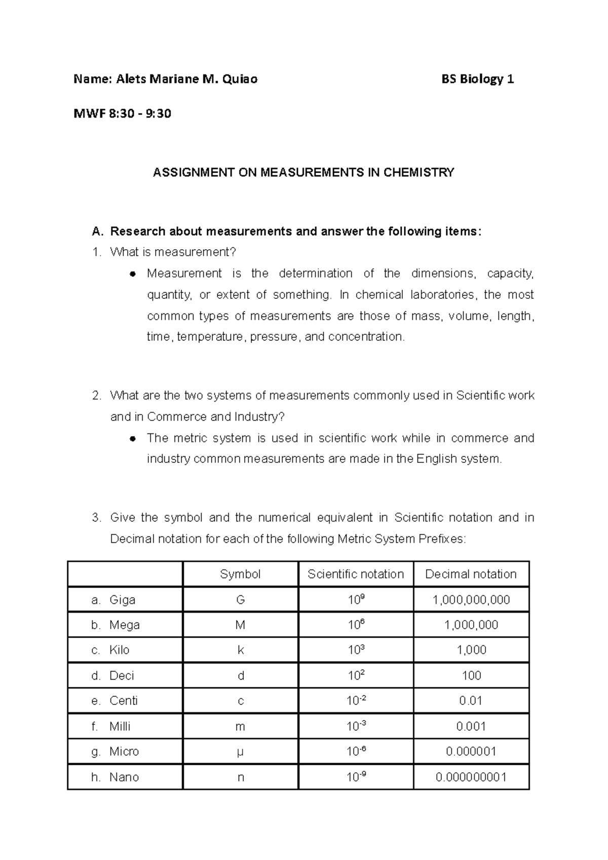Assignment on Measurements in Chemistry - Name: Alets Mariane M. Quiao ...