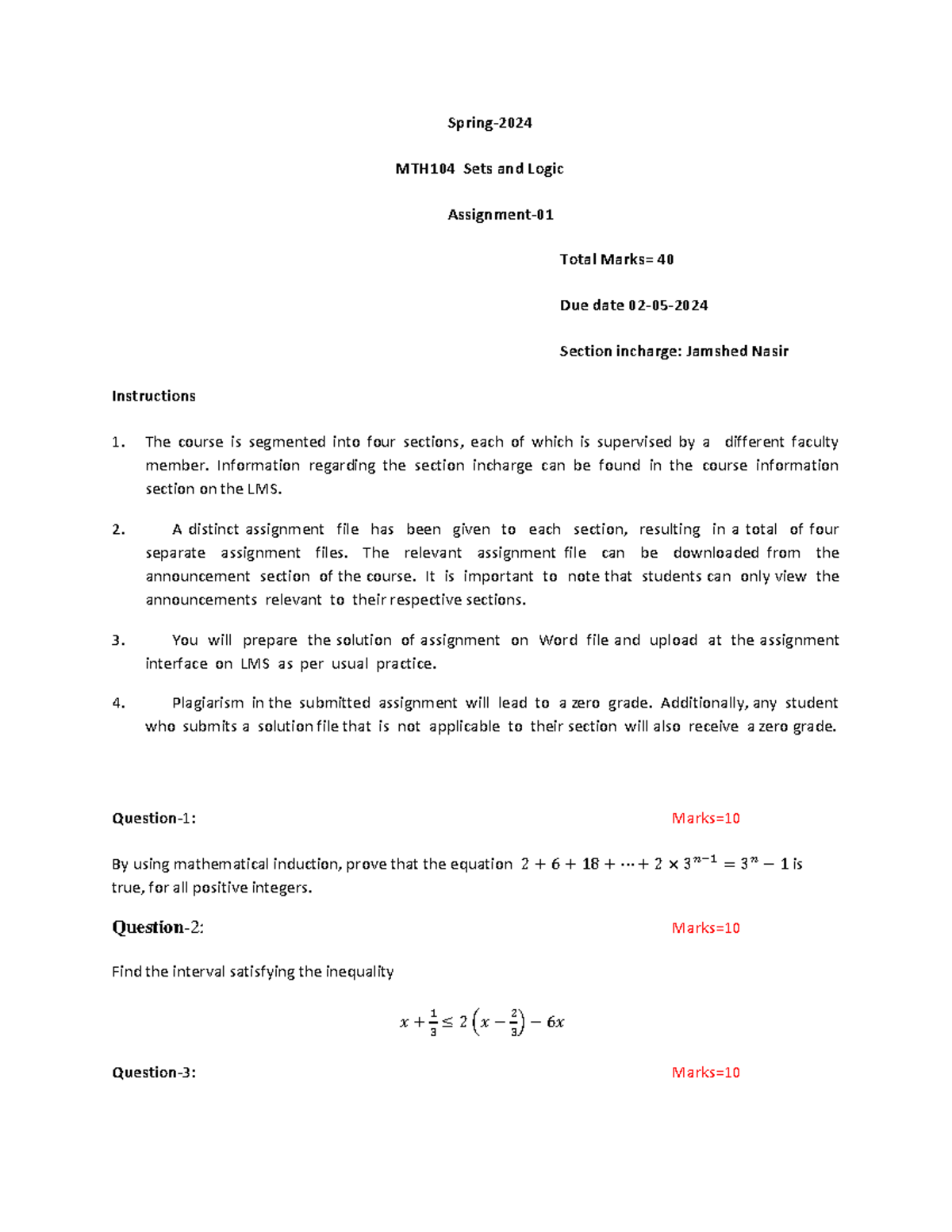 Assignment 01 MTH104 1 - Spring- 2024 MTH104 Sets and Logic Assignment- 01 Total Marks= 40 Due ...