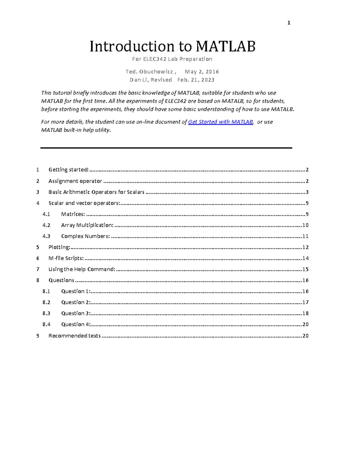 Pre lab - Introduction to Matlab, previously lab 1. - Introduction to MATLAB For ELEC342 Lab ...