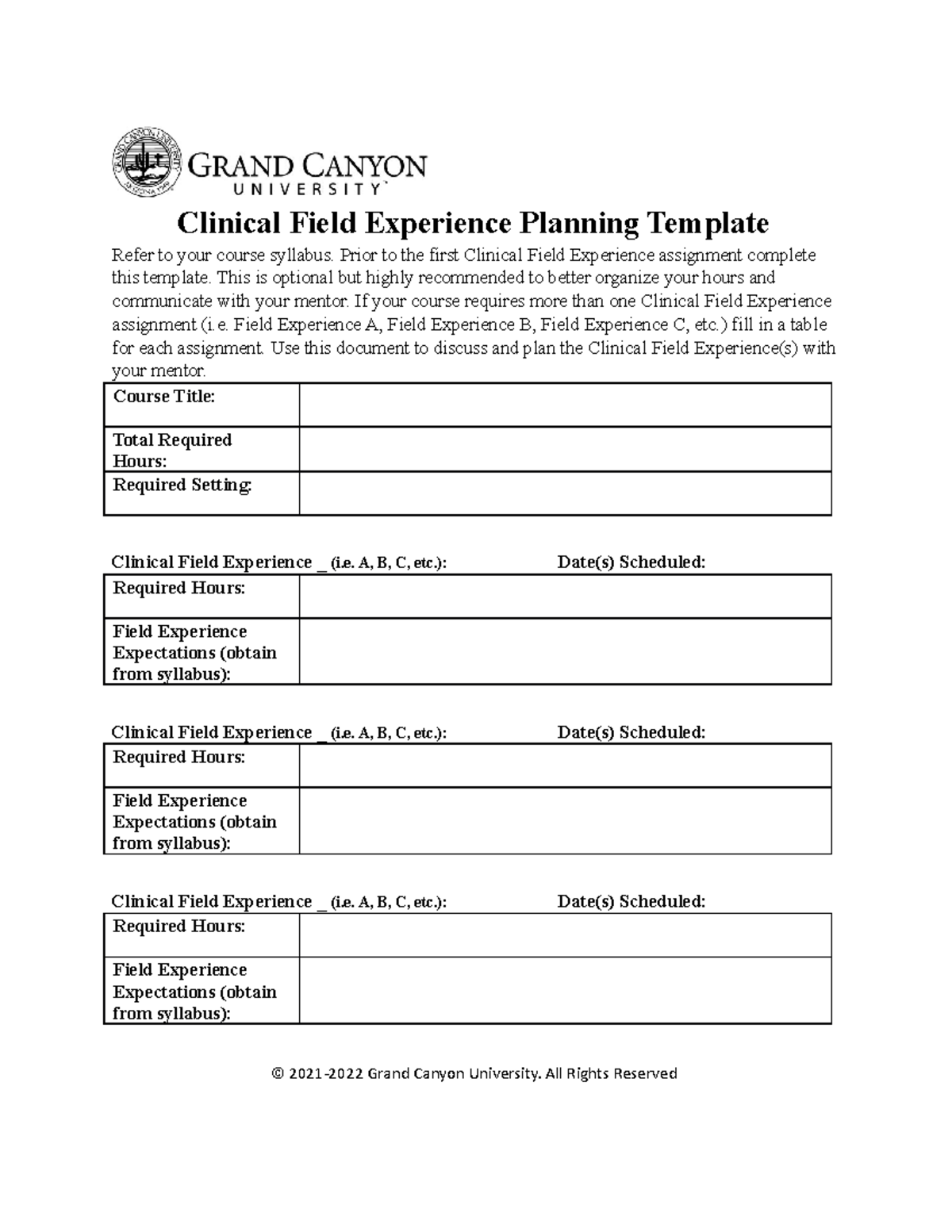 Clinical-field-experience-planning-template - Clinical Field Experience ...