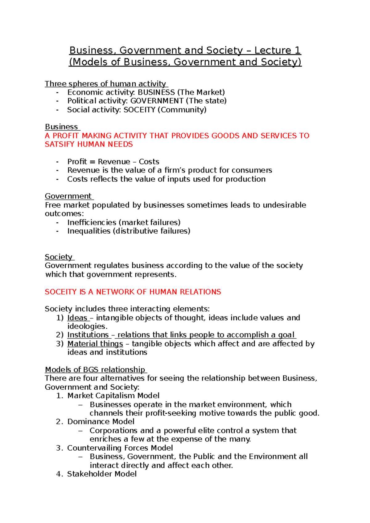 Lecture 1 - Models of Business, Government and Soceity - Business ...