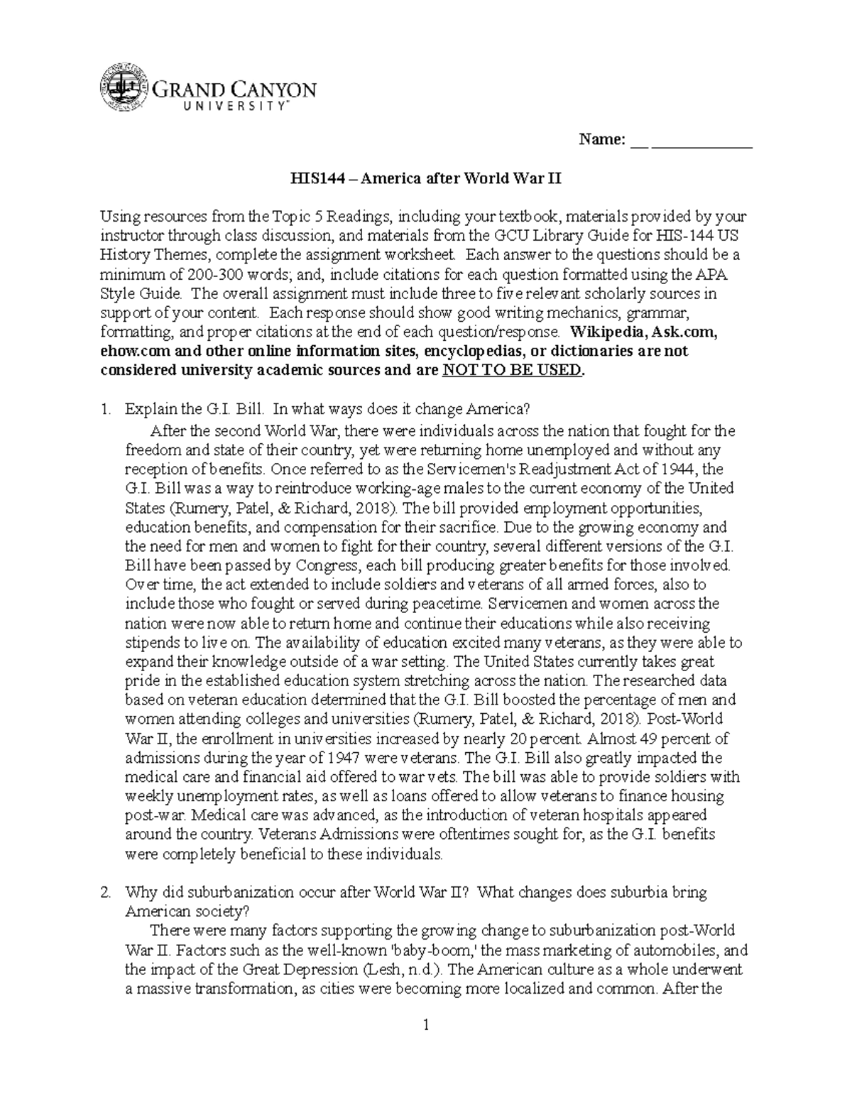 America after WWII - Name: __ ____________ HIS144 – America after World ...