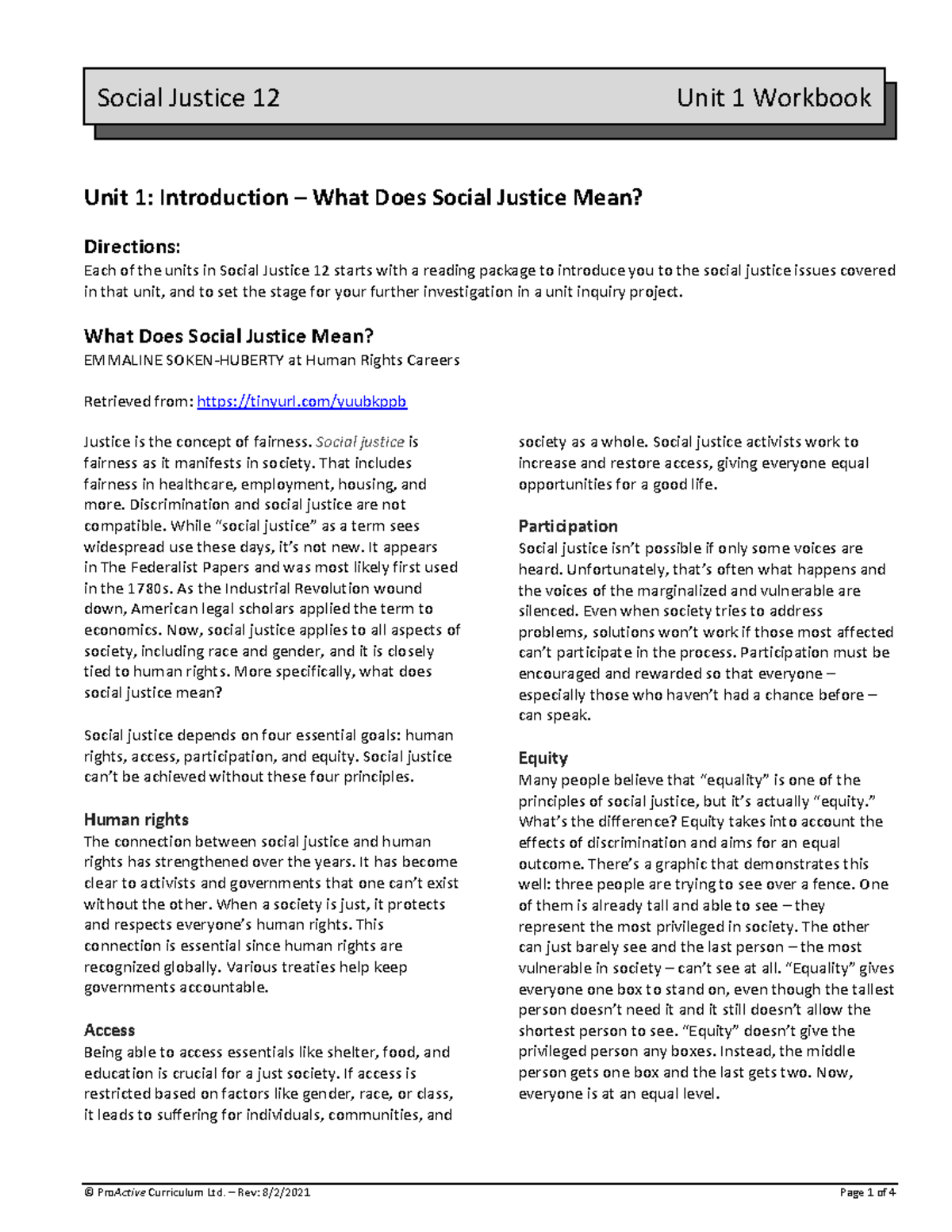 Sj12 unit01 worksheet - Unit 1: Introduction 3 What Does Social Justice ...