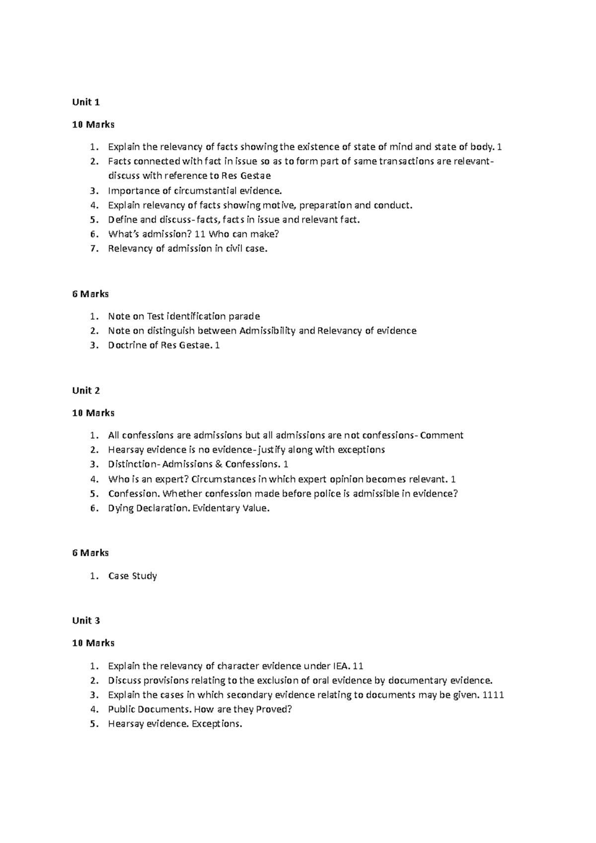 Evidence Law Repeated Questions - Unit 1 10 Marks Explain the relevancy ...