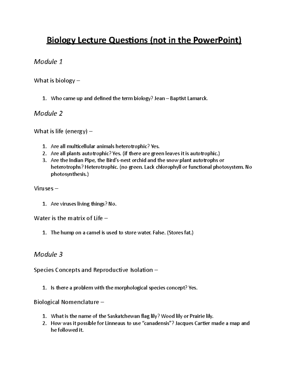Biology Questions lecture - Biology Lecture Questions (not in the ...