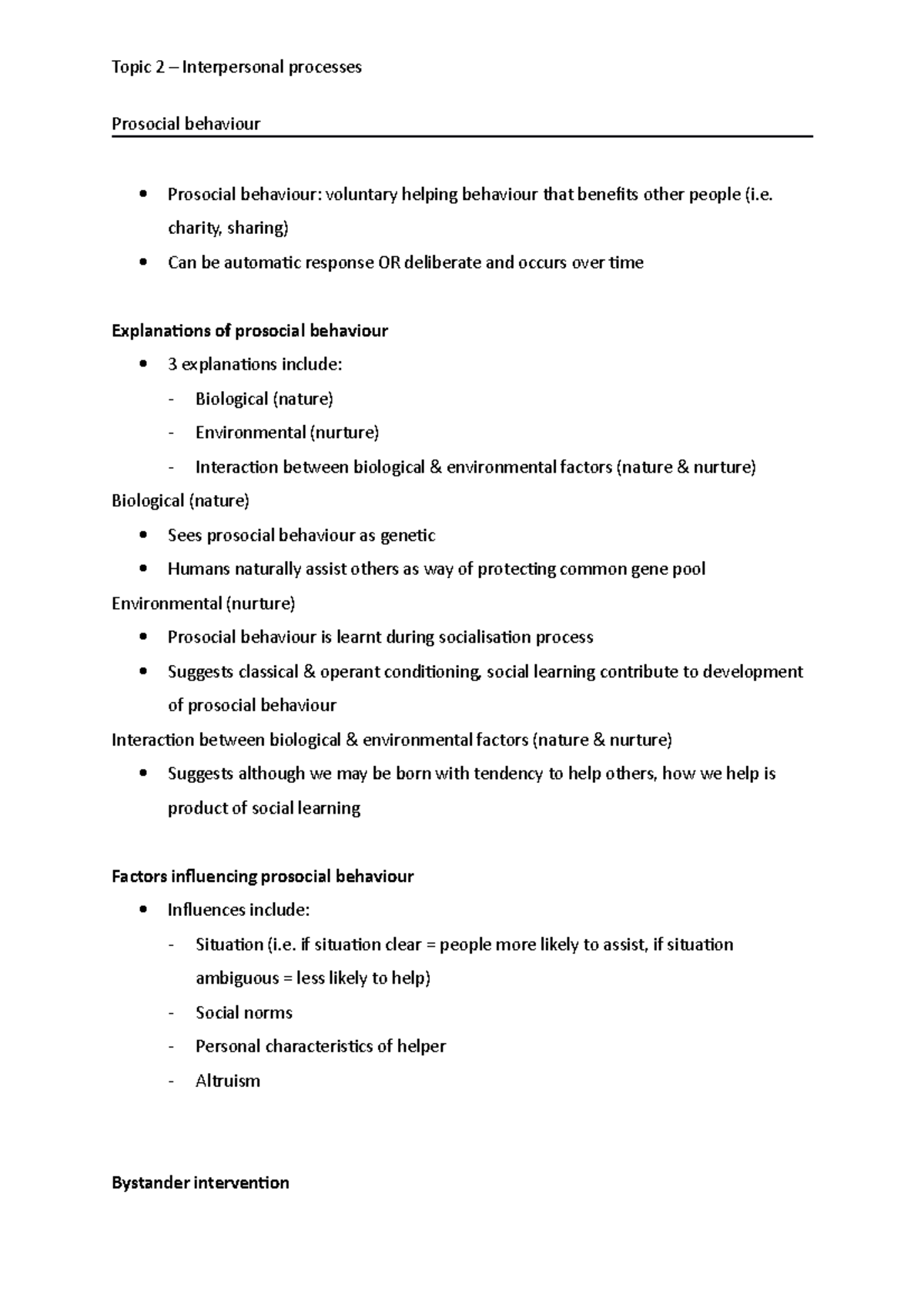 Topic 2 - interpersonal processes - Prosocial behaviour Prosocial ...