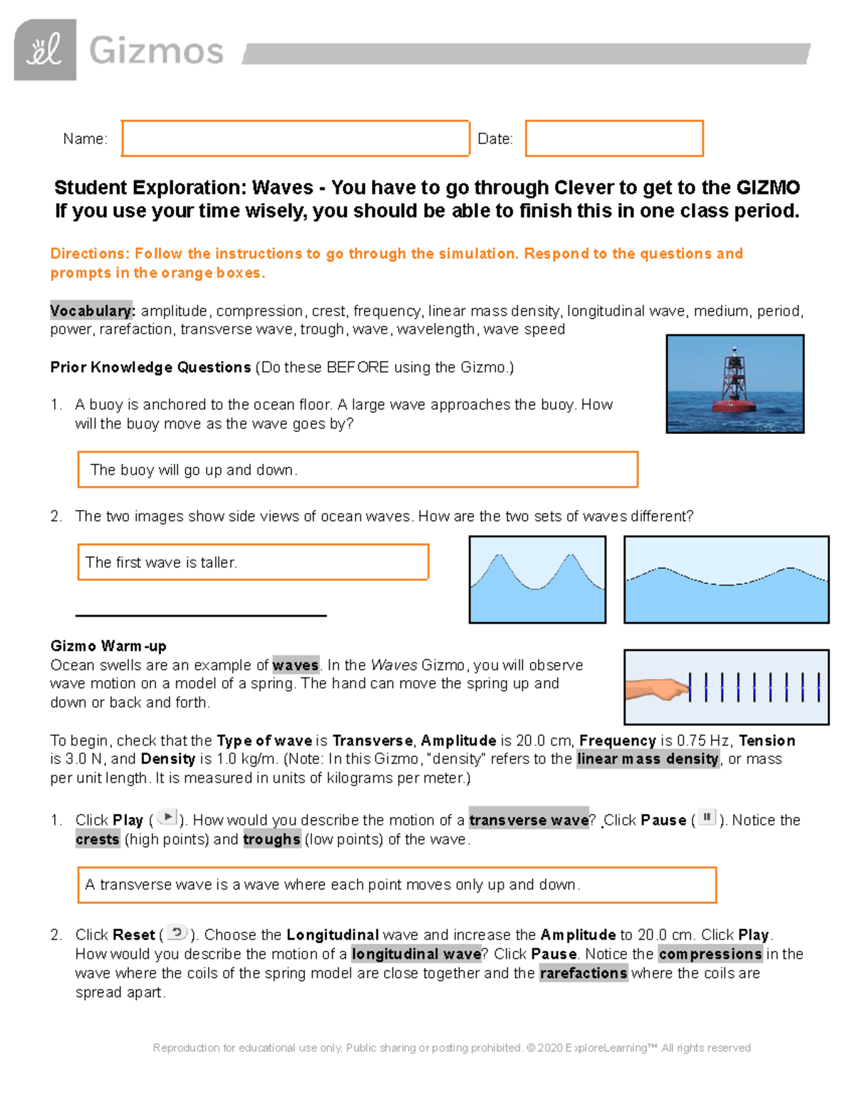 - Waves Gizmo - 6034369 - Name: Date: Student Exploration: Waves - You ...