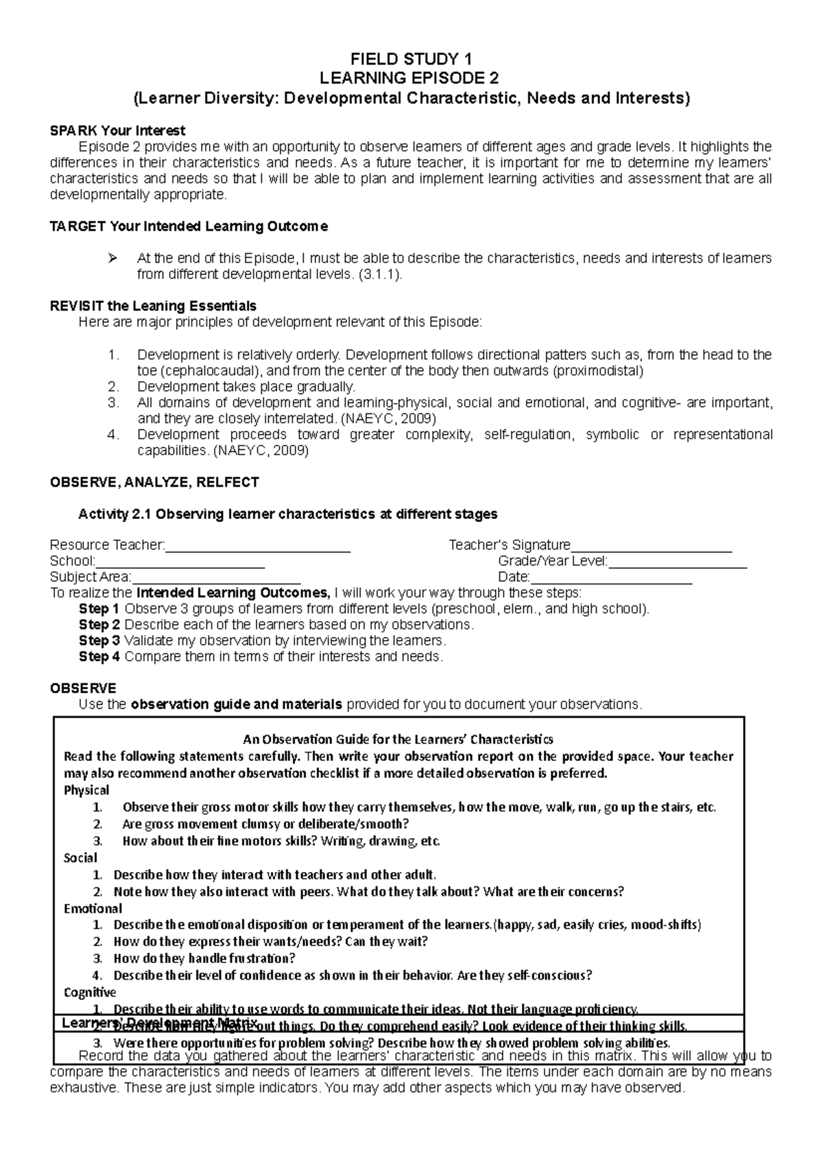 FS-1-Ep - None - FIELD STUDY 1 LEARNING EPISODE 2 (Learner Diversity ...