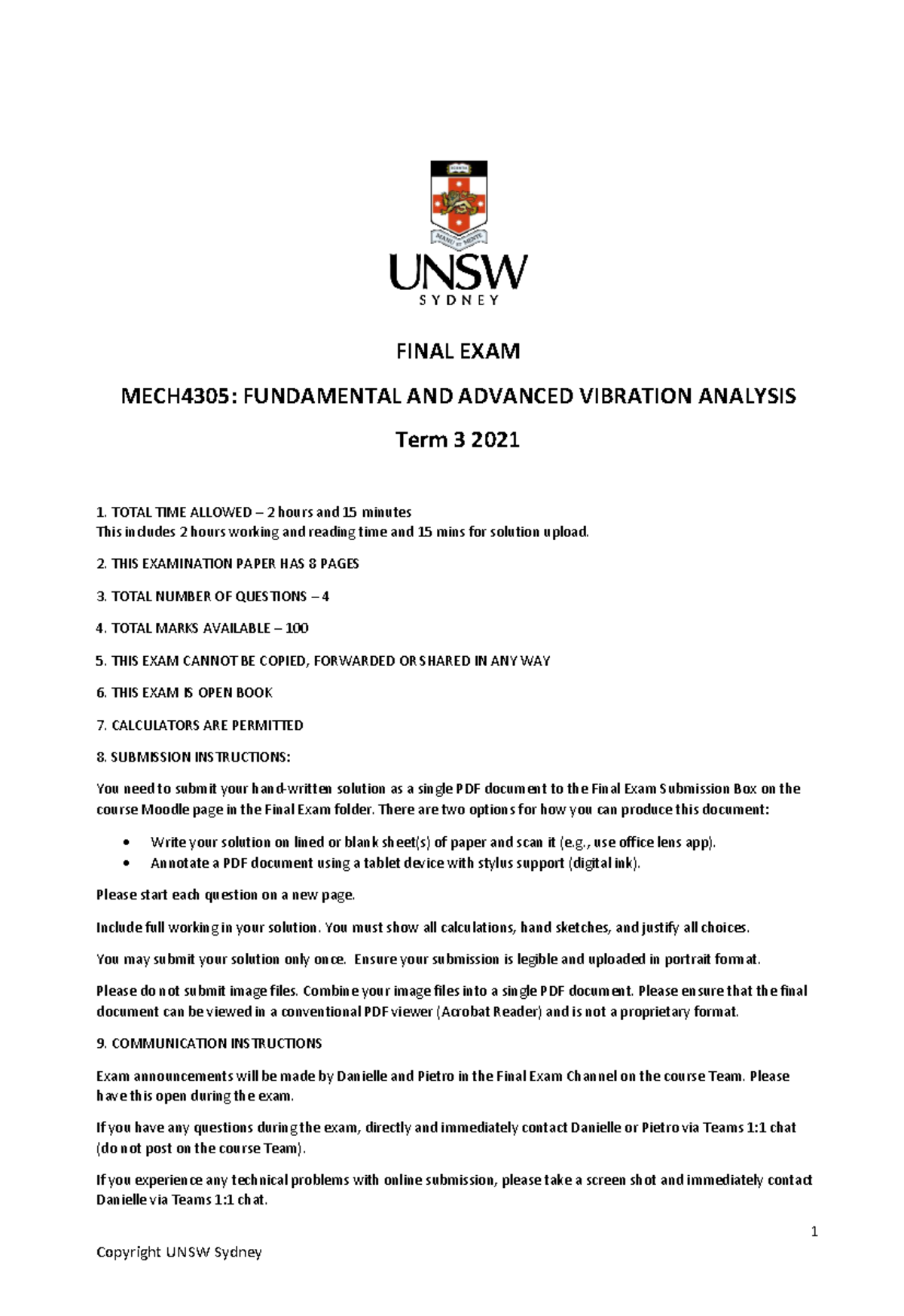 MECH4305 T32021 Final Exam - 1 FINAL EXAM MECH4305: FUNDAMENTAL AND ...