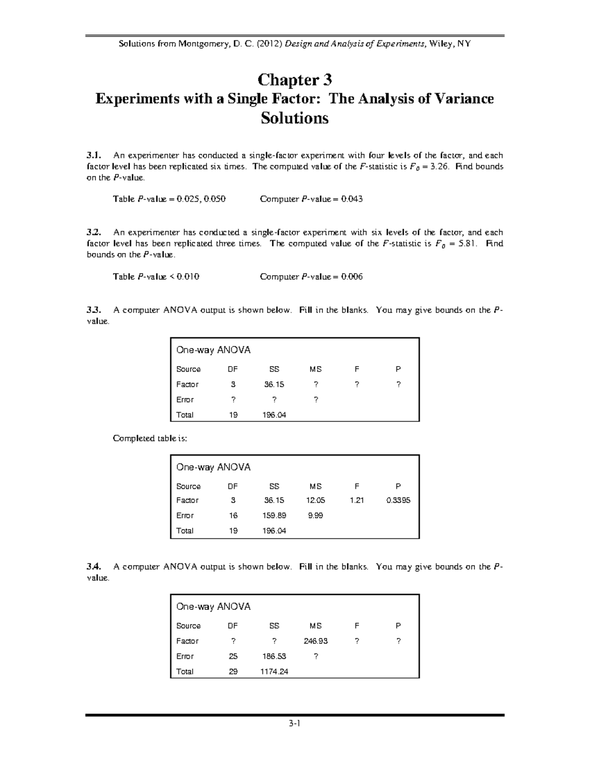 Ch3 Solution Manual Chapter 3 Chapter 3 Experiments With A Single Factor The Analysis Of 